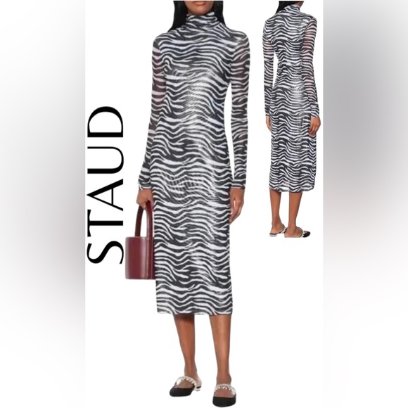STAUD | Dresses | Staud Brae Zebra Print Long Sleeve High Collar Nylon ...